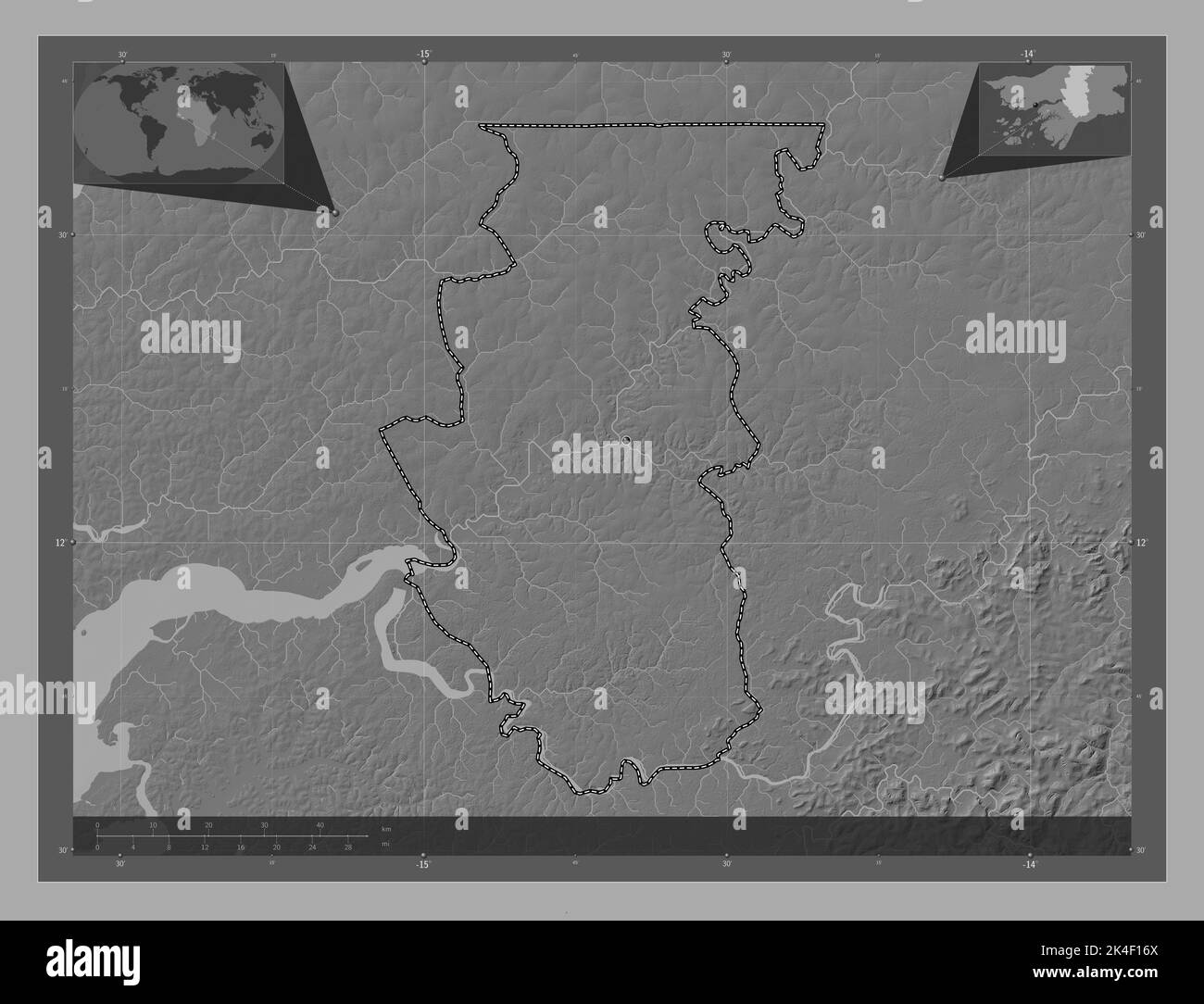 Bafata, region of Guinea-Bissau. Bilevel elevation map with lakes and ...
