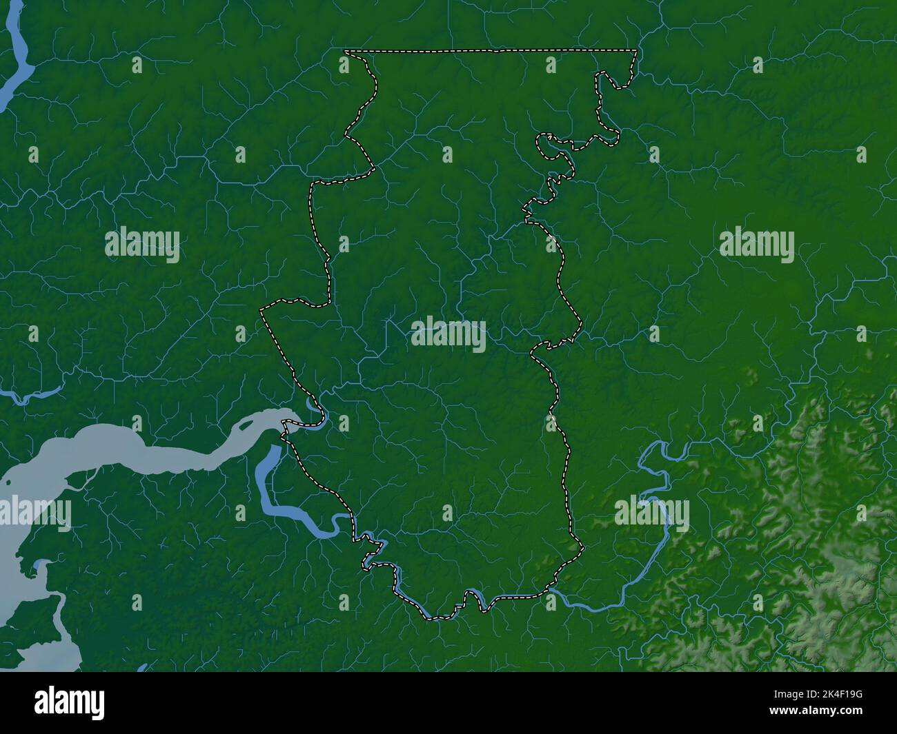 Bafata, region of Guinea-Bissau. Colored elevation map with lakes and ...