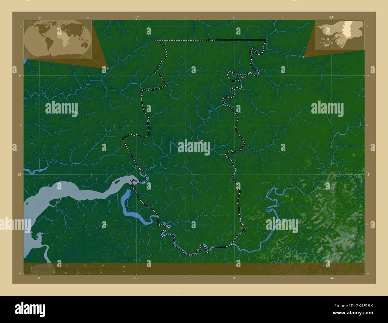 Bafata, region of Guinea-Bissau. Colored elevation map with lakes and ...