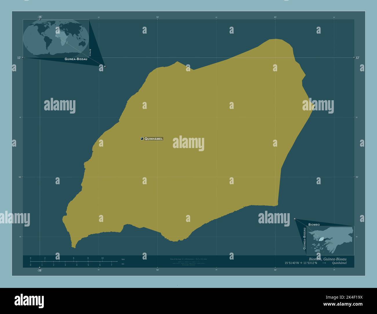 Biombo, region of Guinea-Bissau. Solid color shape. Locations and names ...