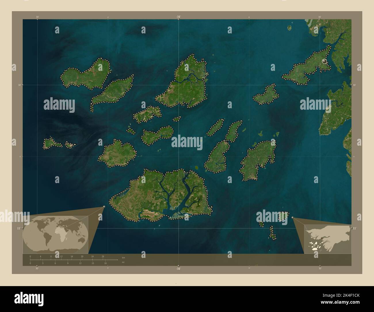 Bolama, region of Guinea-Bissau. High resolution satellite map. Corner ...