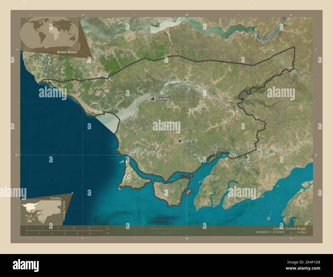 Cacheu, region of Guinea-Bissau. High resolution satellite map ...
