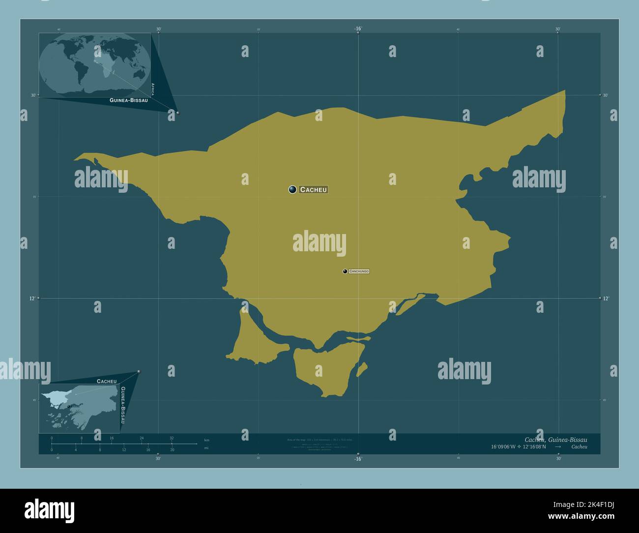 Cacheu, region of Guinea-Bissau. Solid color shape. Locations and names ...