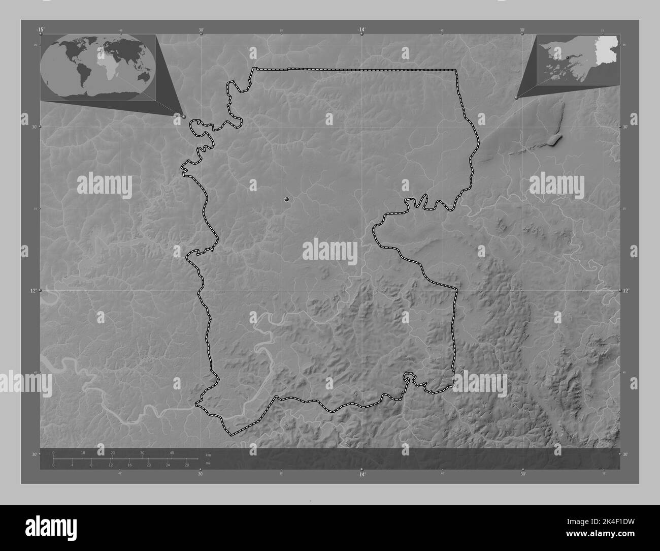 Gabu, region of Guinea-Bissau. Grayscale elevation map with lakes and ...