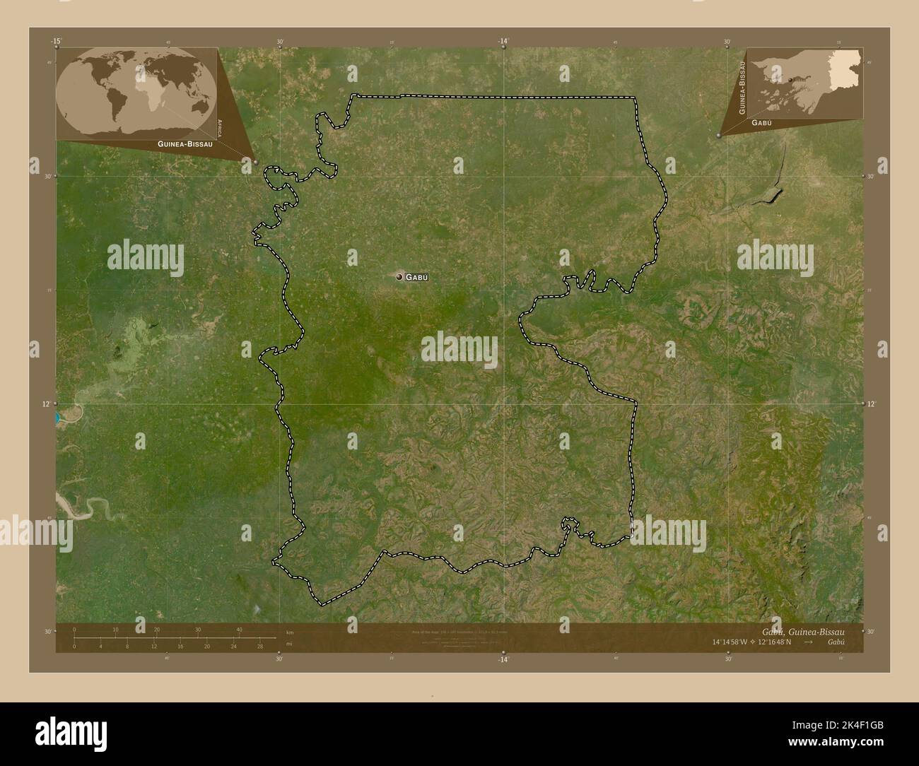 Gabu, region of Guinea-Bissau. Low resolution satellite map. Locations ...