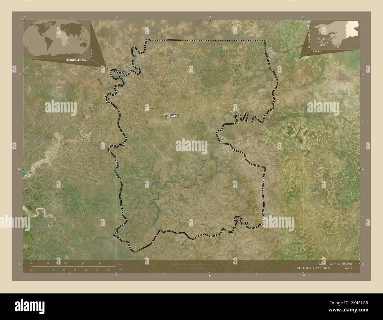 Gabu, region of Guinea-Bissau. High resolution satellite map. Locations ...