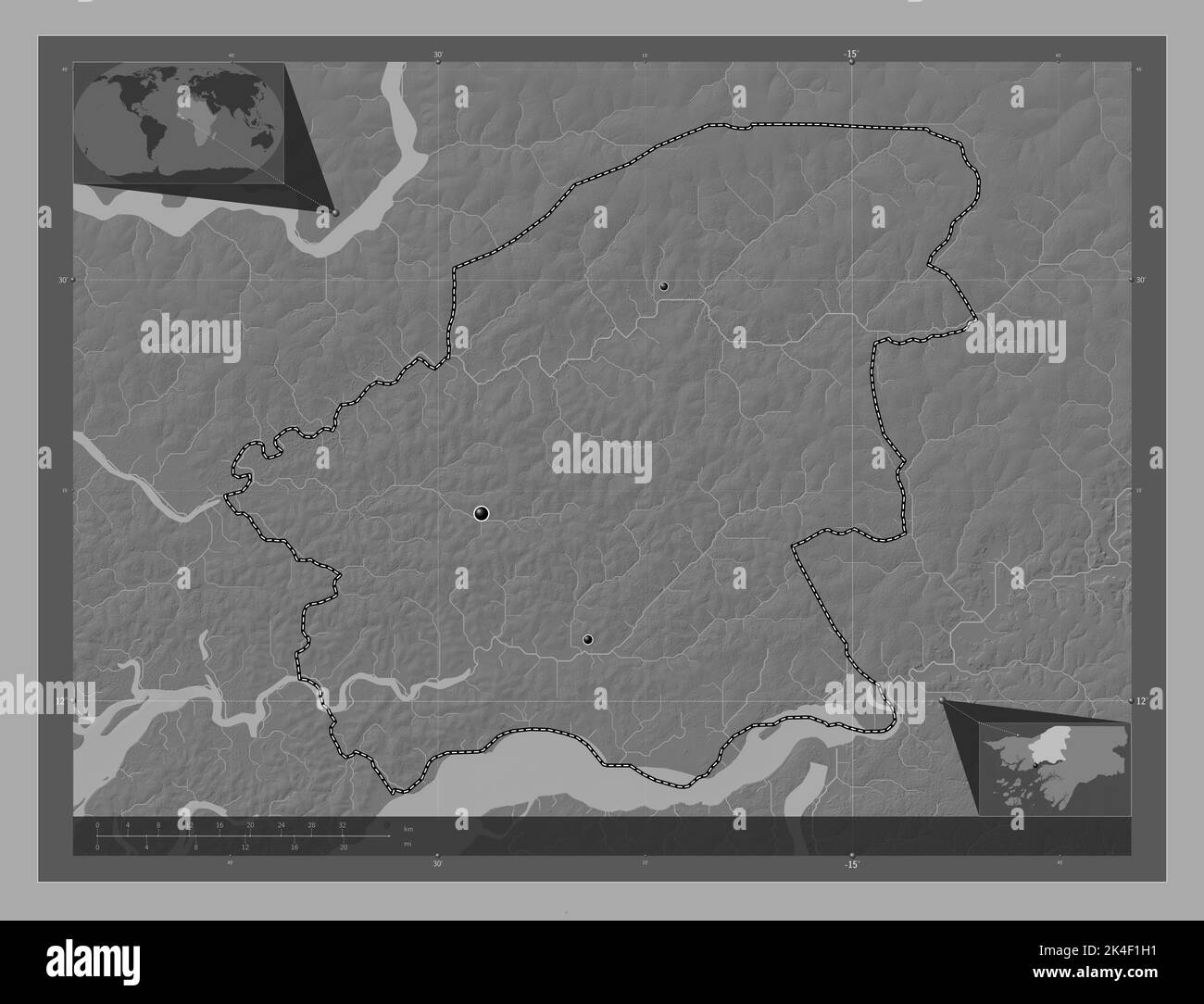Oio, region of Guinea-Bissau. Bilevel elevation map with lakes and ...