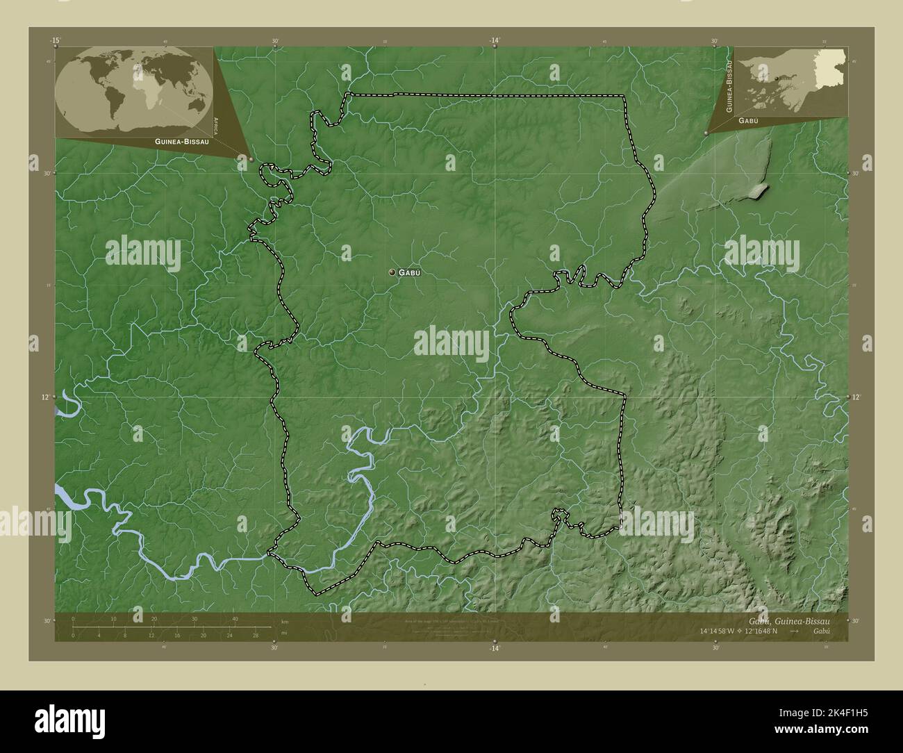 Gabu, region of Guinea-Bissau. Elevation map colored in wiki style with ...