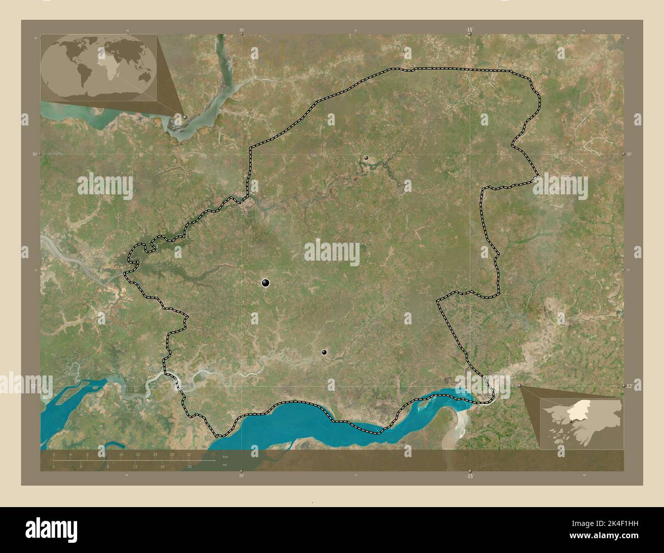 Oio, region of Guinea-Bissau. High resolution satellite map. Locations ...