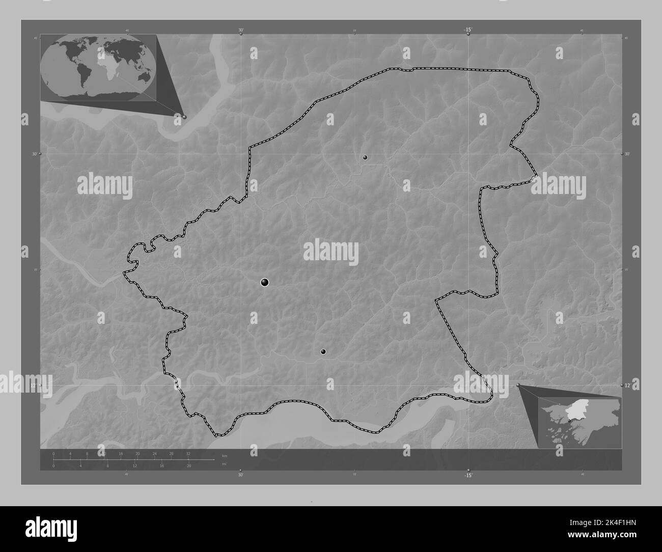 Oio, region of Guinea-Bissau. Grayscale elevation map with lakes and ...