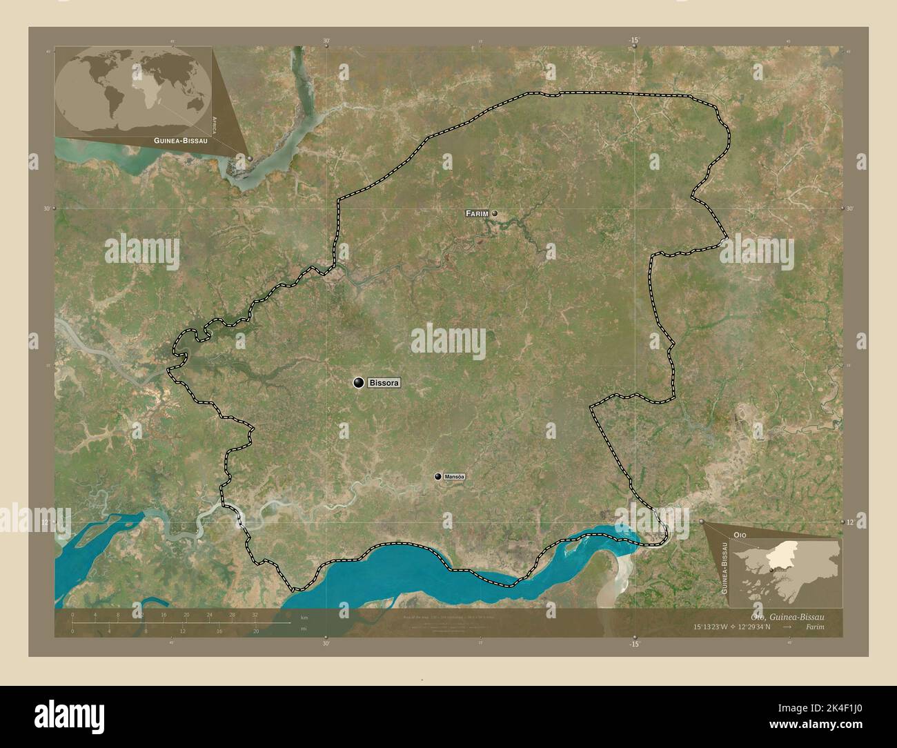 Oio, region of Guinea-Bissau. High resolution satellite map. Locations ...