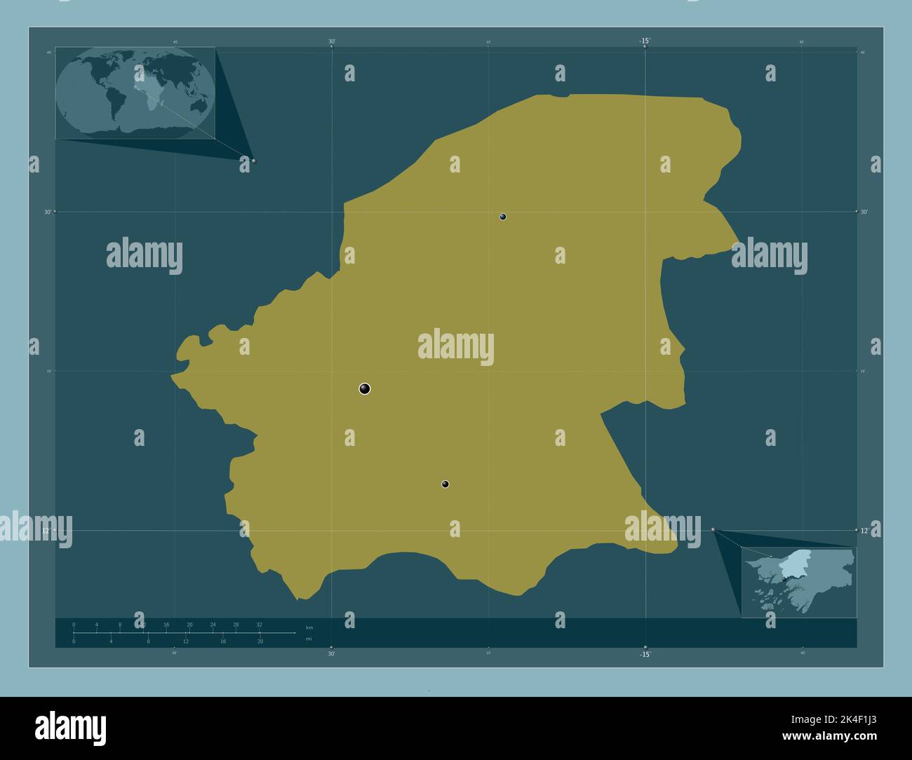 Oio, region of Guinea-Bissau. Solid color shape. Locations of major ...
