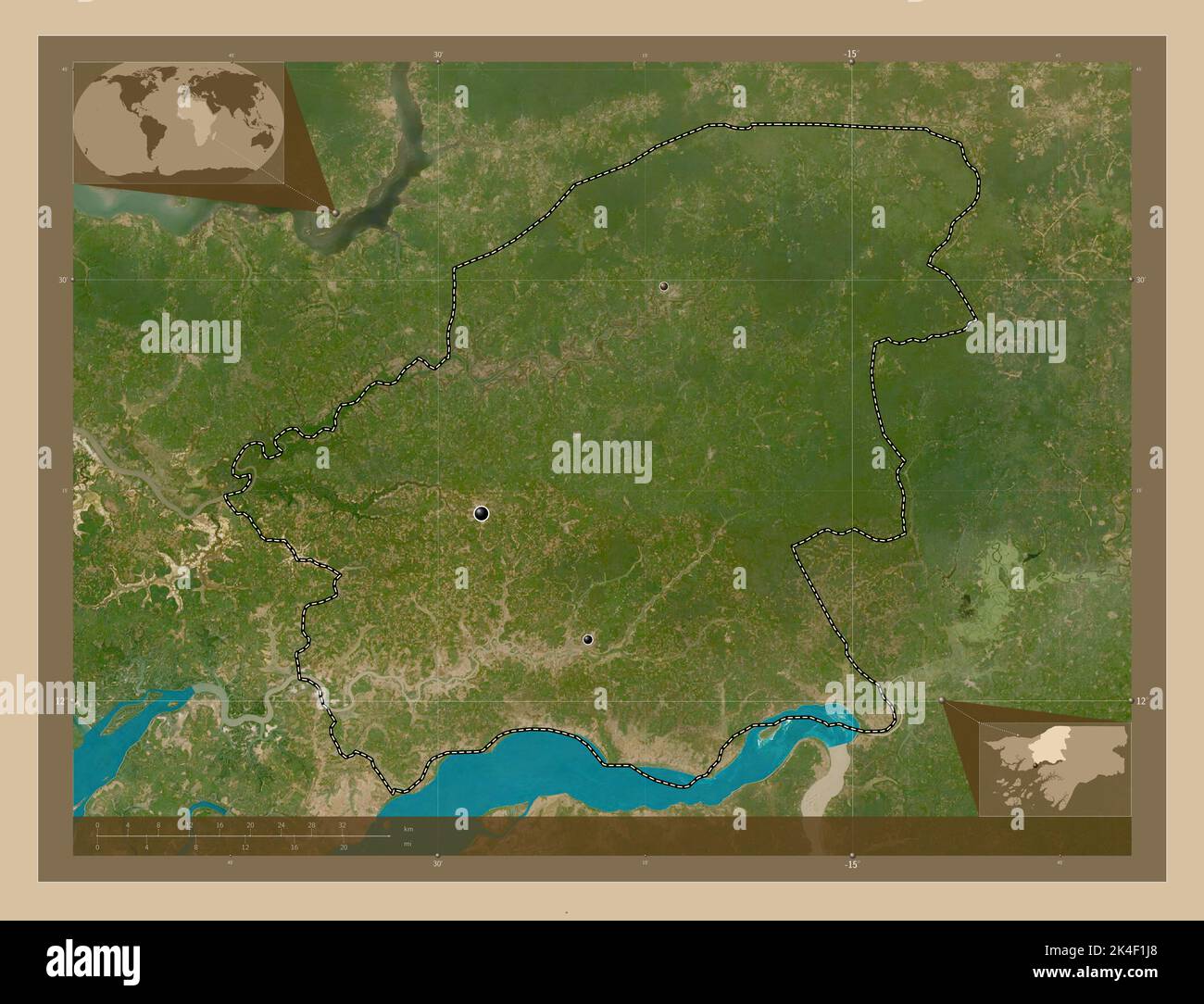 Oio, region of Guinea-Bissau. Low resolution satellite map. Locations ...