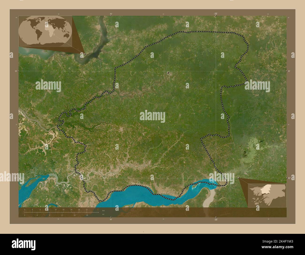 Oio, region of Guinea-Bissau. Low resolution satellite map. Corner ...