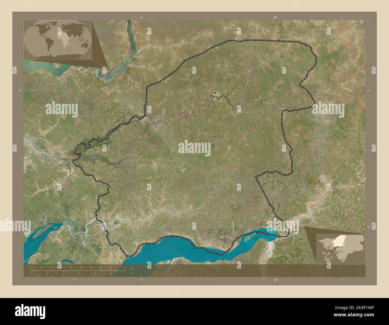 Oio, region of Guinea-Bissau. High resolution satellite map. Corner ...