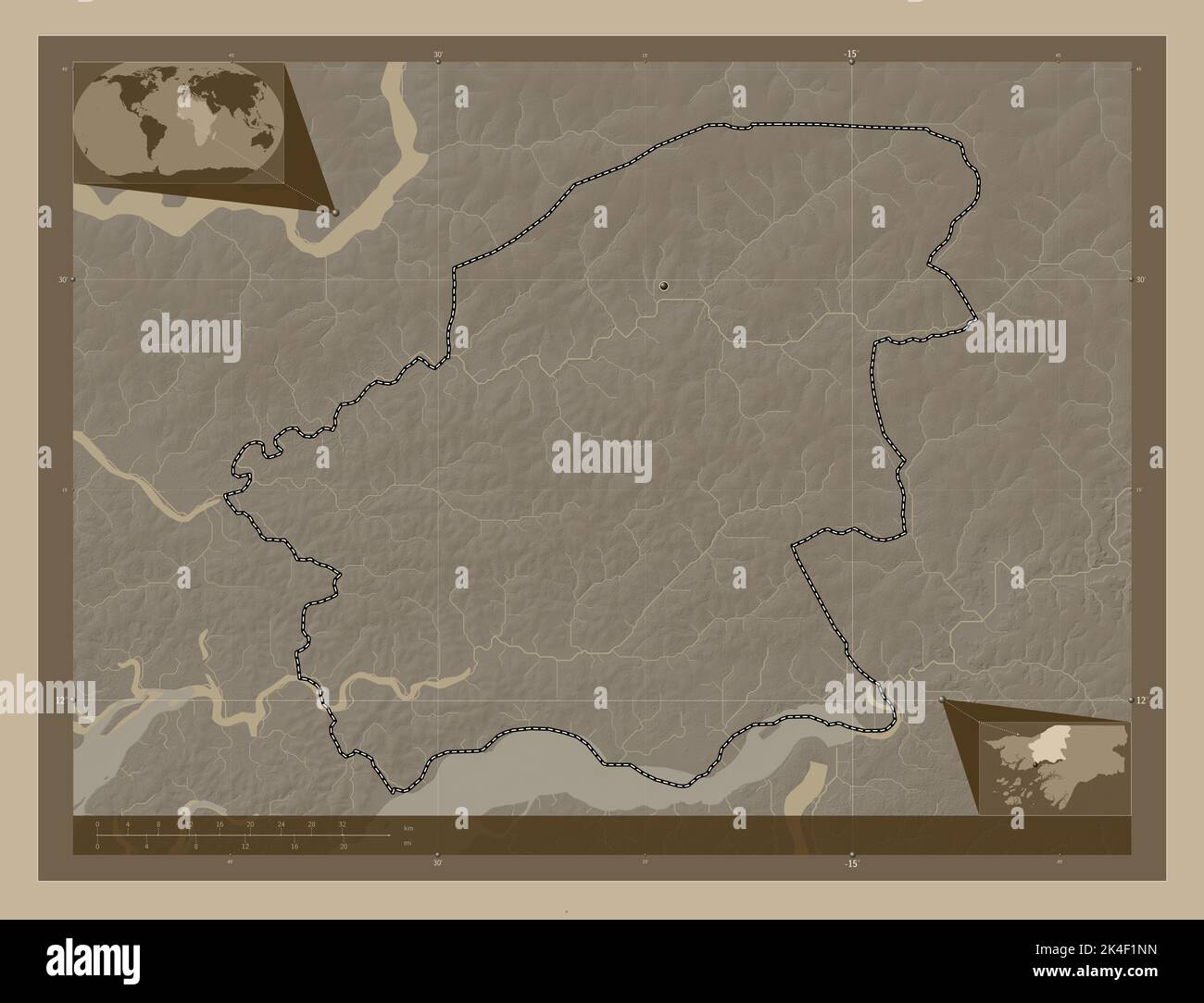 Oio, region of Guinea-Bissau. Elevation map colored in sepia tones with ...