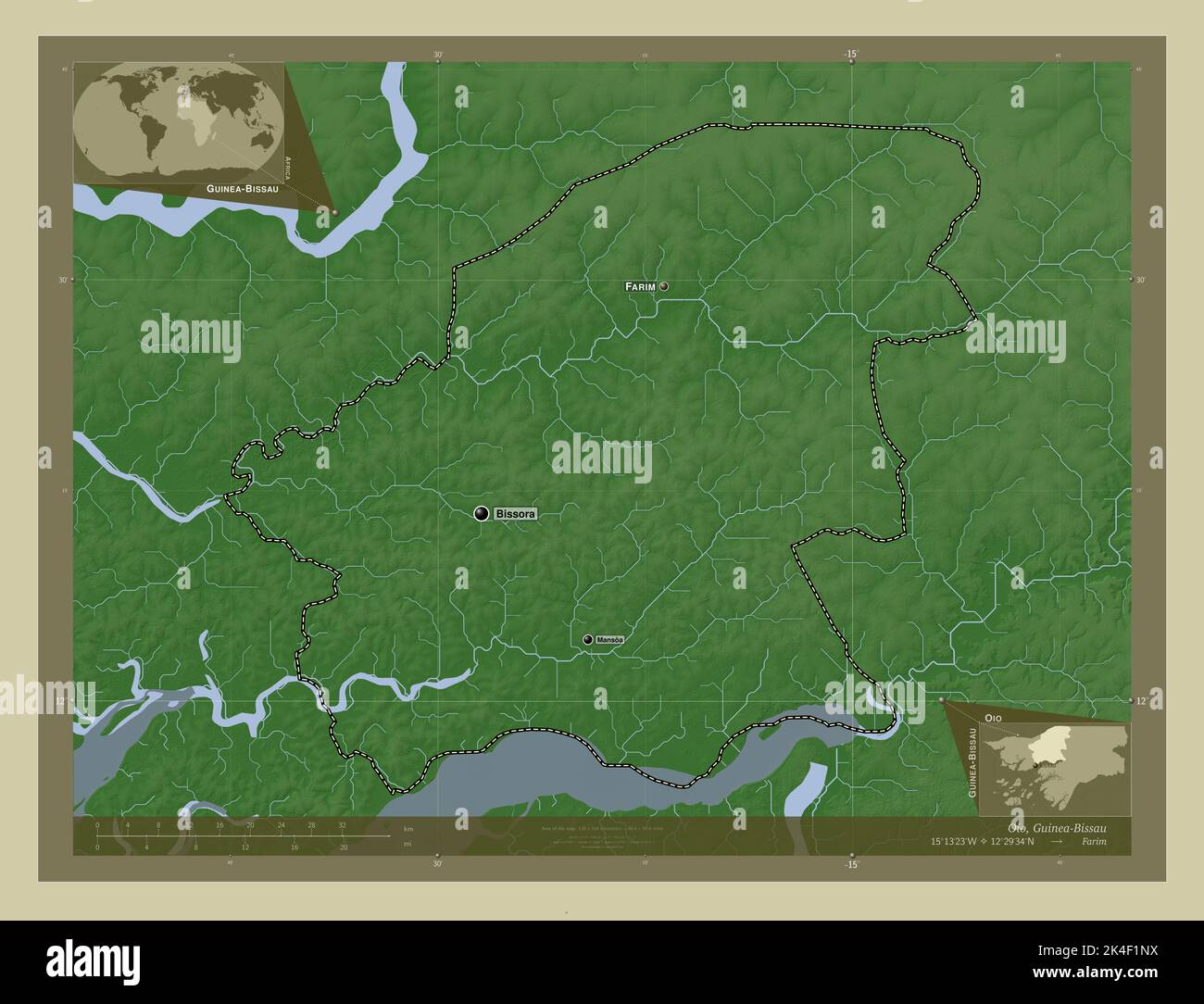 Oio, region of Guinea-Bissau. Elevation map colored in wiki style with ...