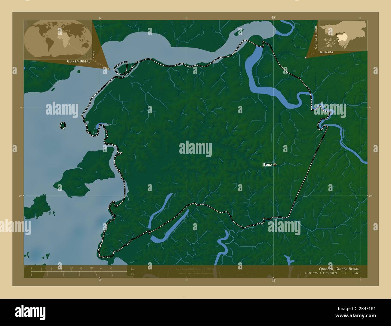 Quinara, region of Guinea-Bissau. Colored elevation map with lakes and ...