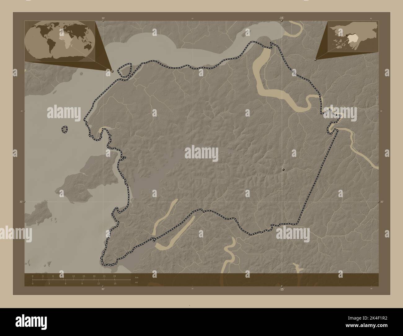 Quinara, region of Guinea-Bissau. Elevation map colored in sepia tones ...