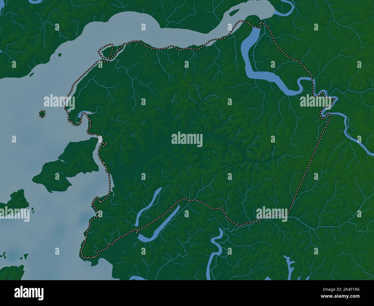 Quinara, region of Guinea-Bissau. Colored elevation map with lakes and ...