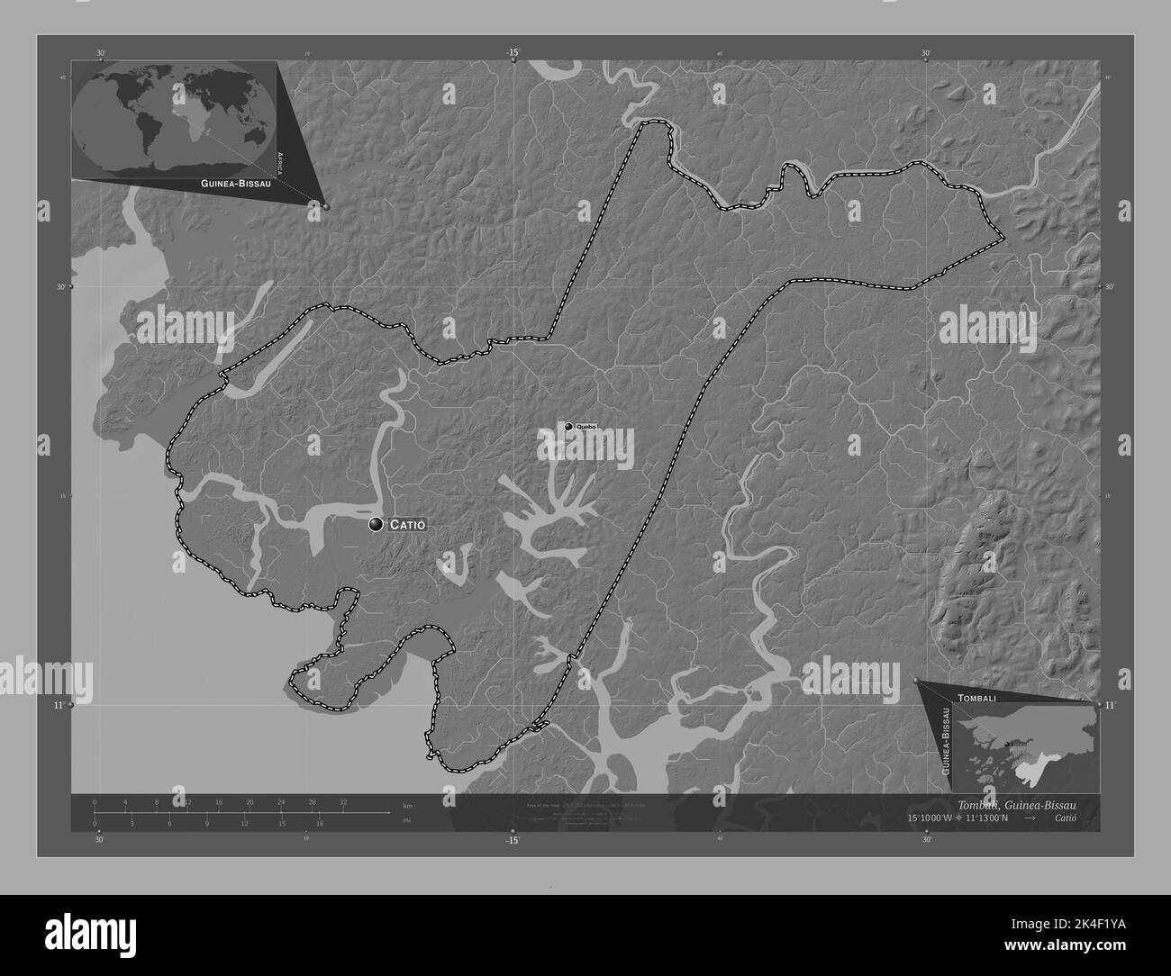 Tombali, region of Guinea-Bissau. Bilevel elevation map with lakes and ...