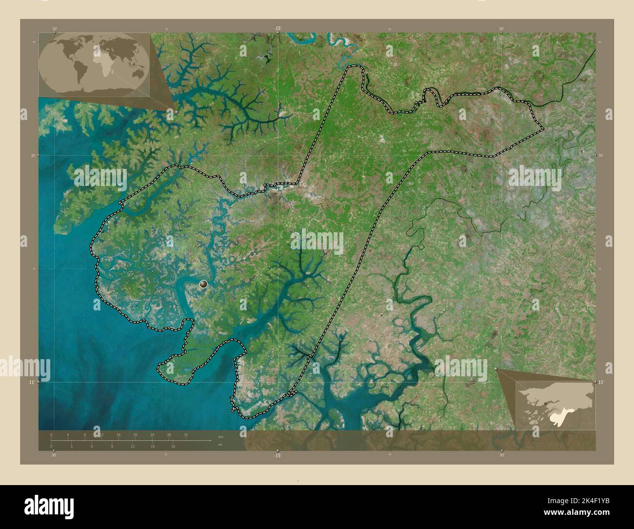 Tombali, region of Guinea-Bissau. High resolution satellite map. Corner ...
