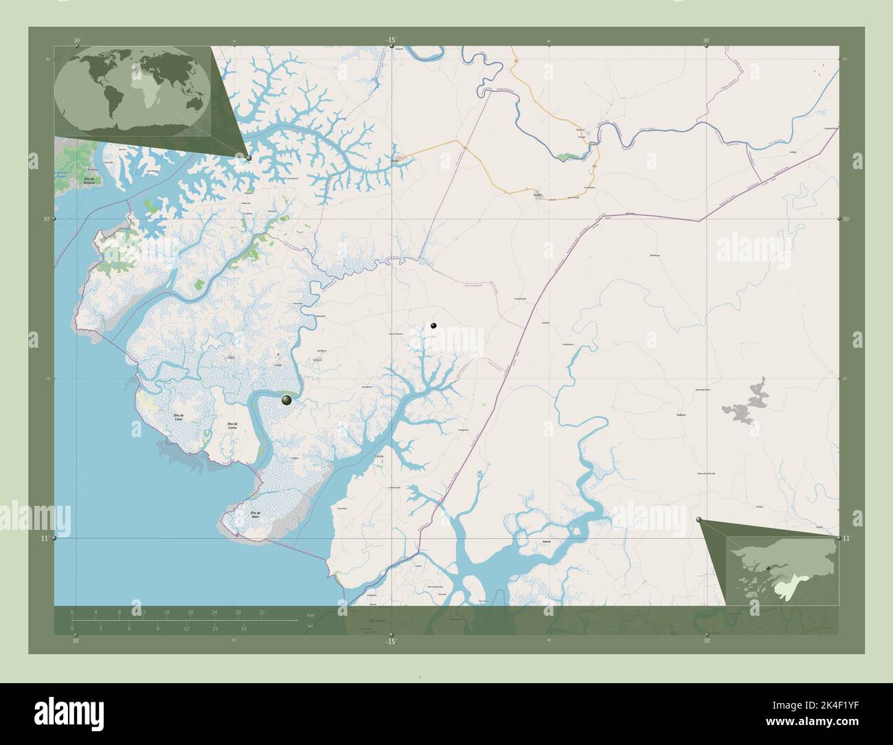 Tombali, region of Guinea-Bissau. Open Street Map. Locations of major ...