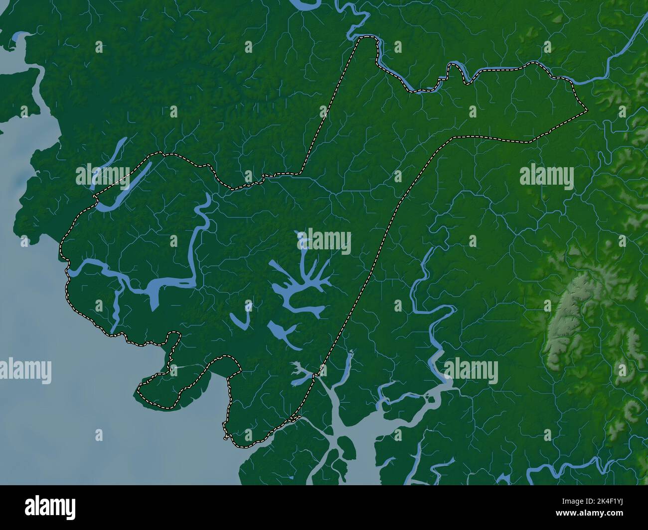 Tombali, region of Guinea-Bissau. Colored elevation map with lakes and ...