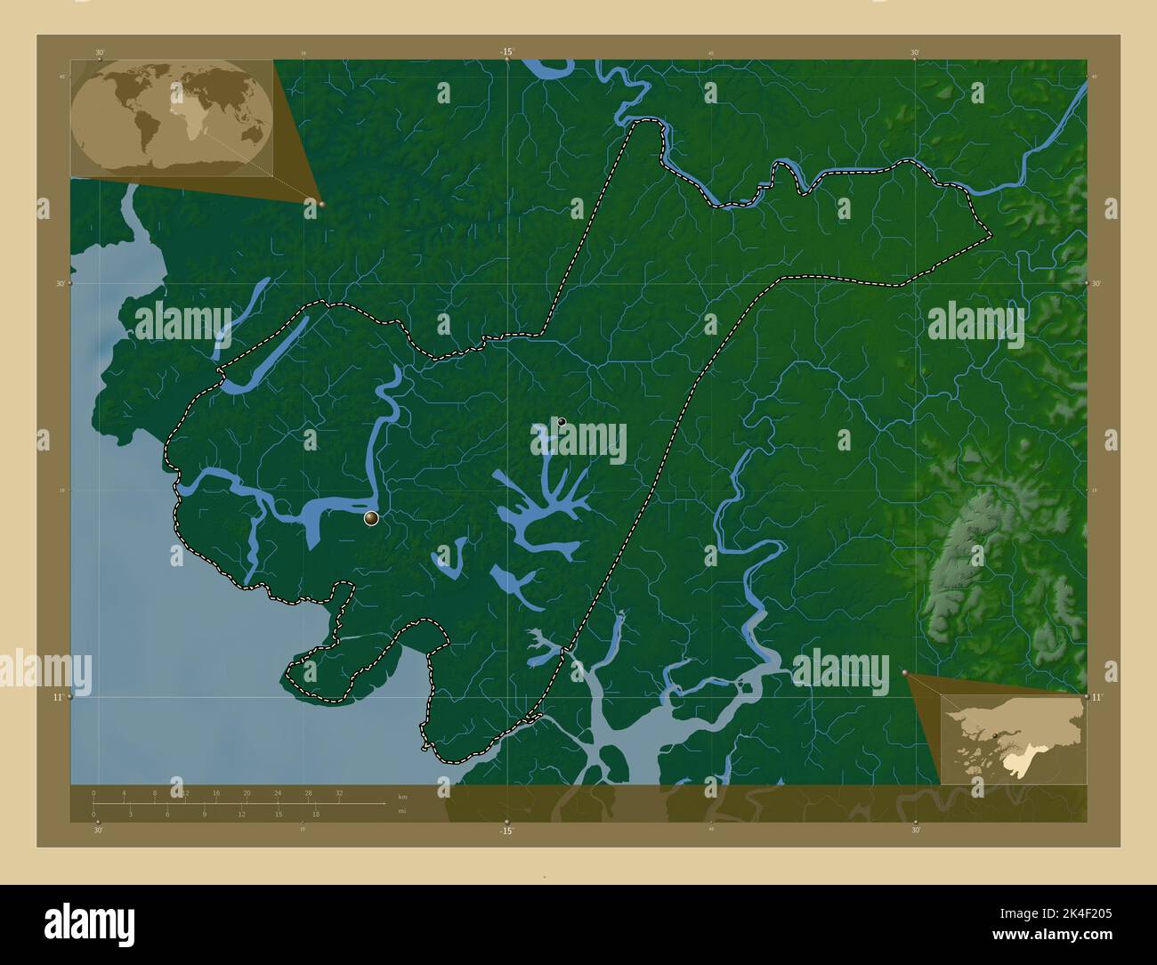 Tombali, region of Guinea-Bissau. Colored elevation map with lakes and ...