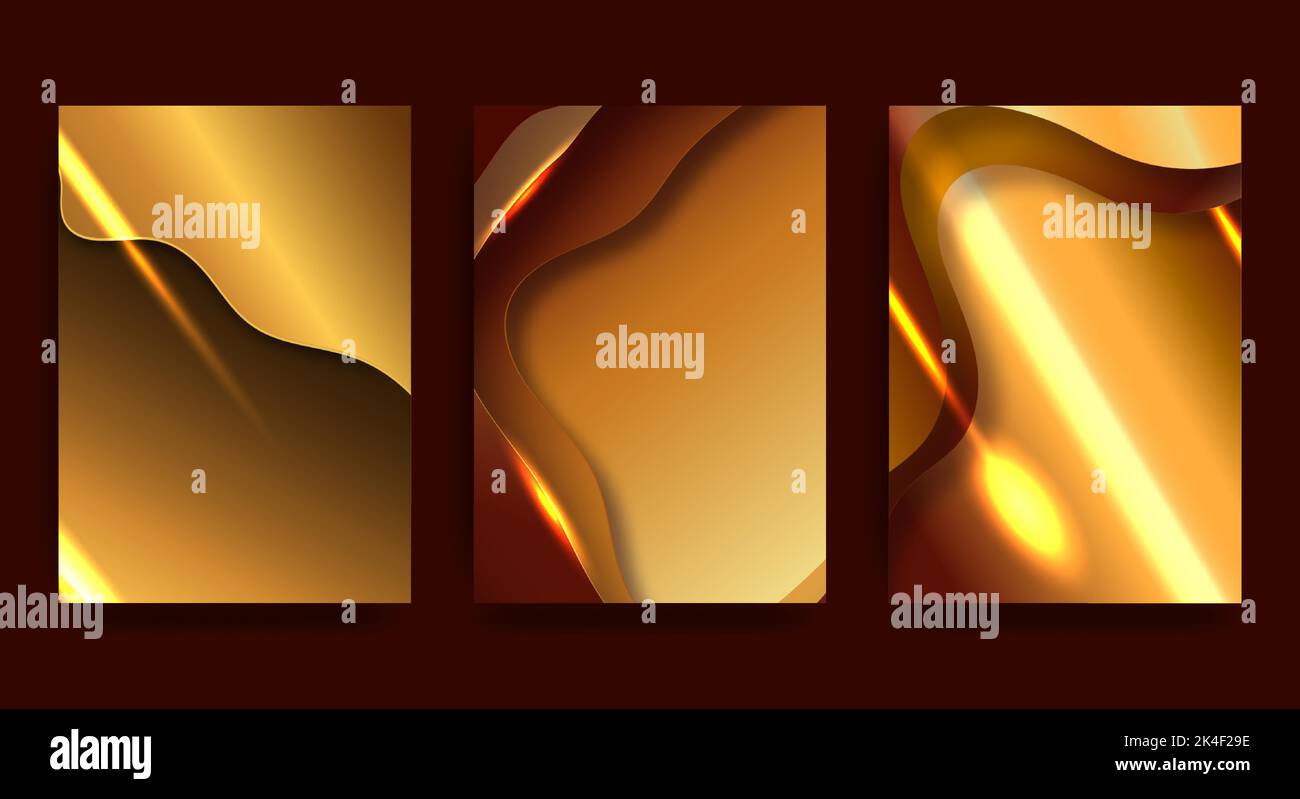 A4 abstract set of golden 3d paper illustrations. . Bright gradients ...