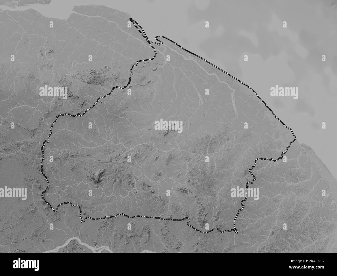 Barima-Waini, region of Guyana. Grayscale elevation map with lakes and ...