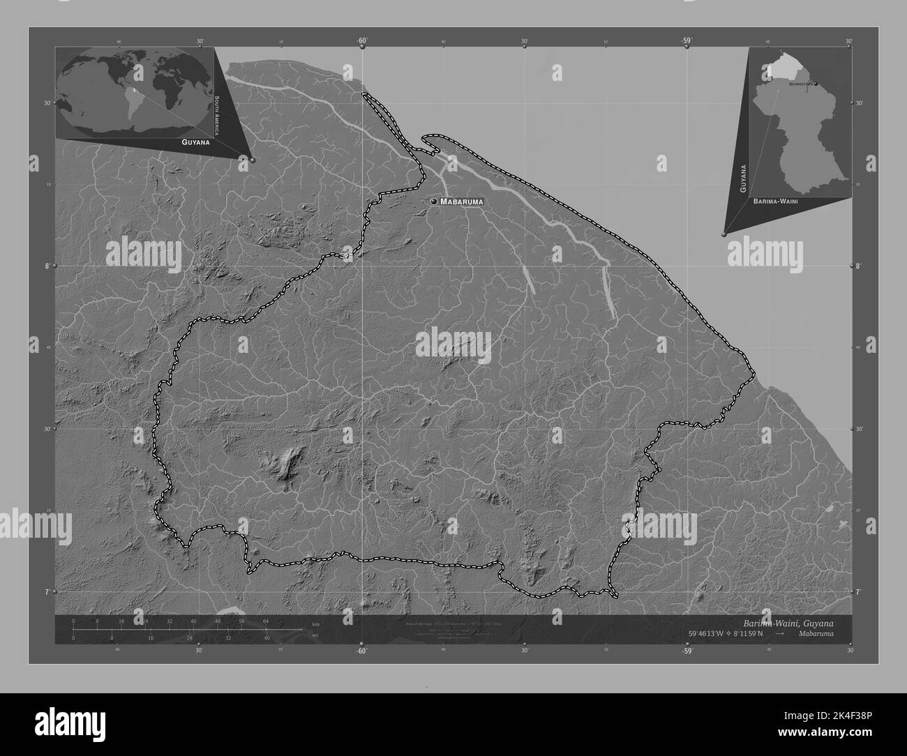 Barima-Waini, region of Guyana. Bilevel elevation map with lakes and ...