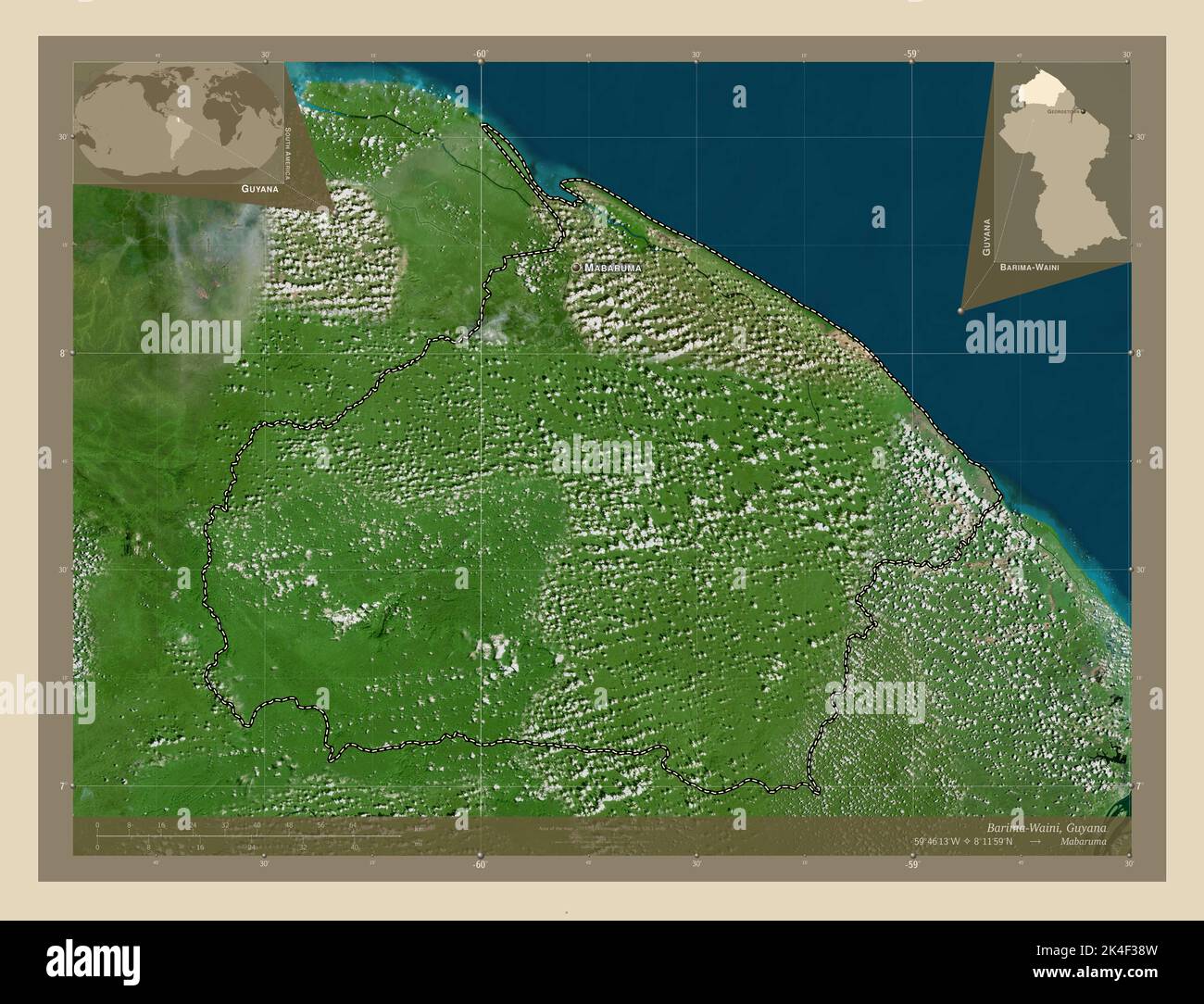 Barima-Waini, region of Guyana. High resolution satellite map. Locations and names of major ...