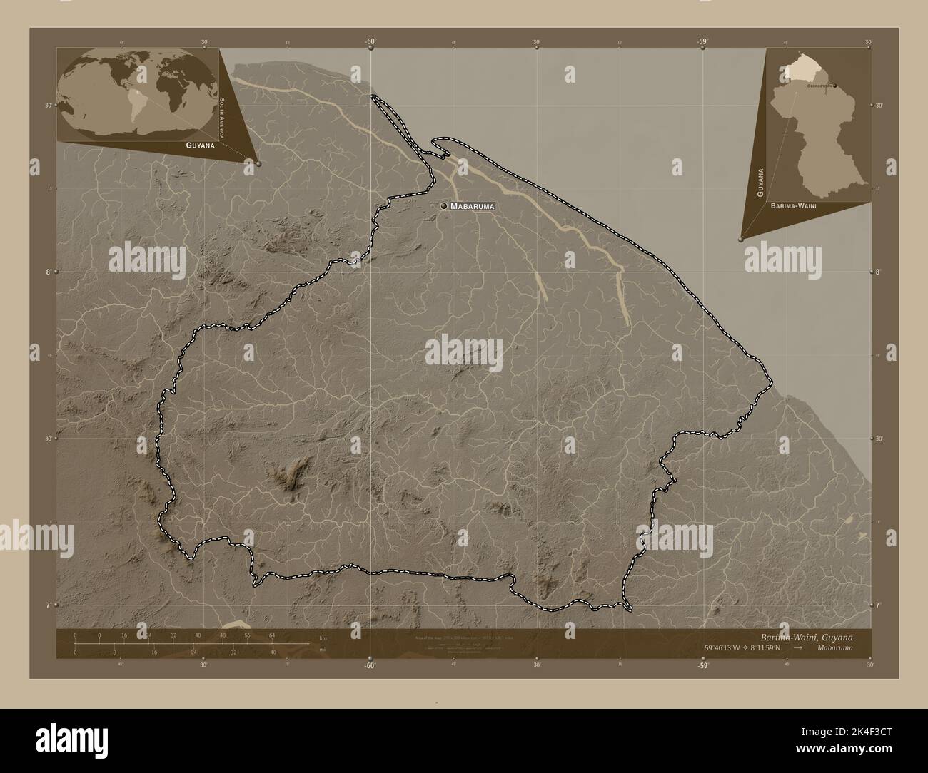Barima-Waini, region of Guyana. Elevation map colored in sepia tones ...