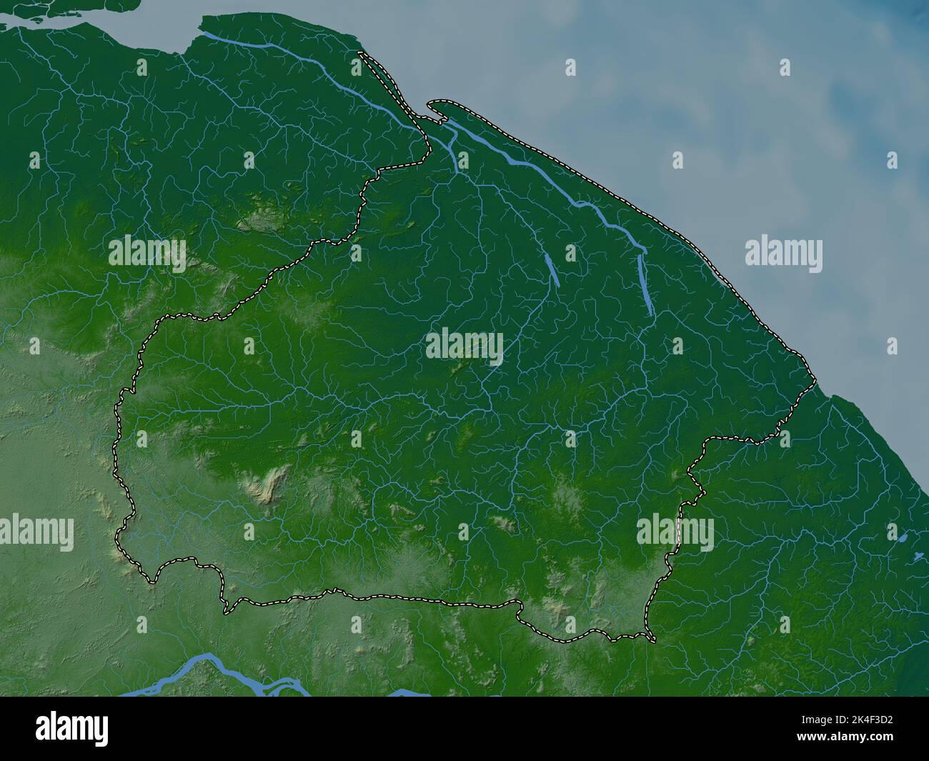 Barima-Waini, region of Guyana. Colored elevation map with lakes and ...