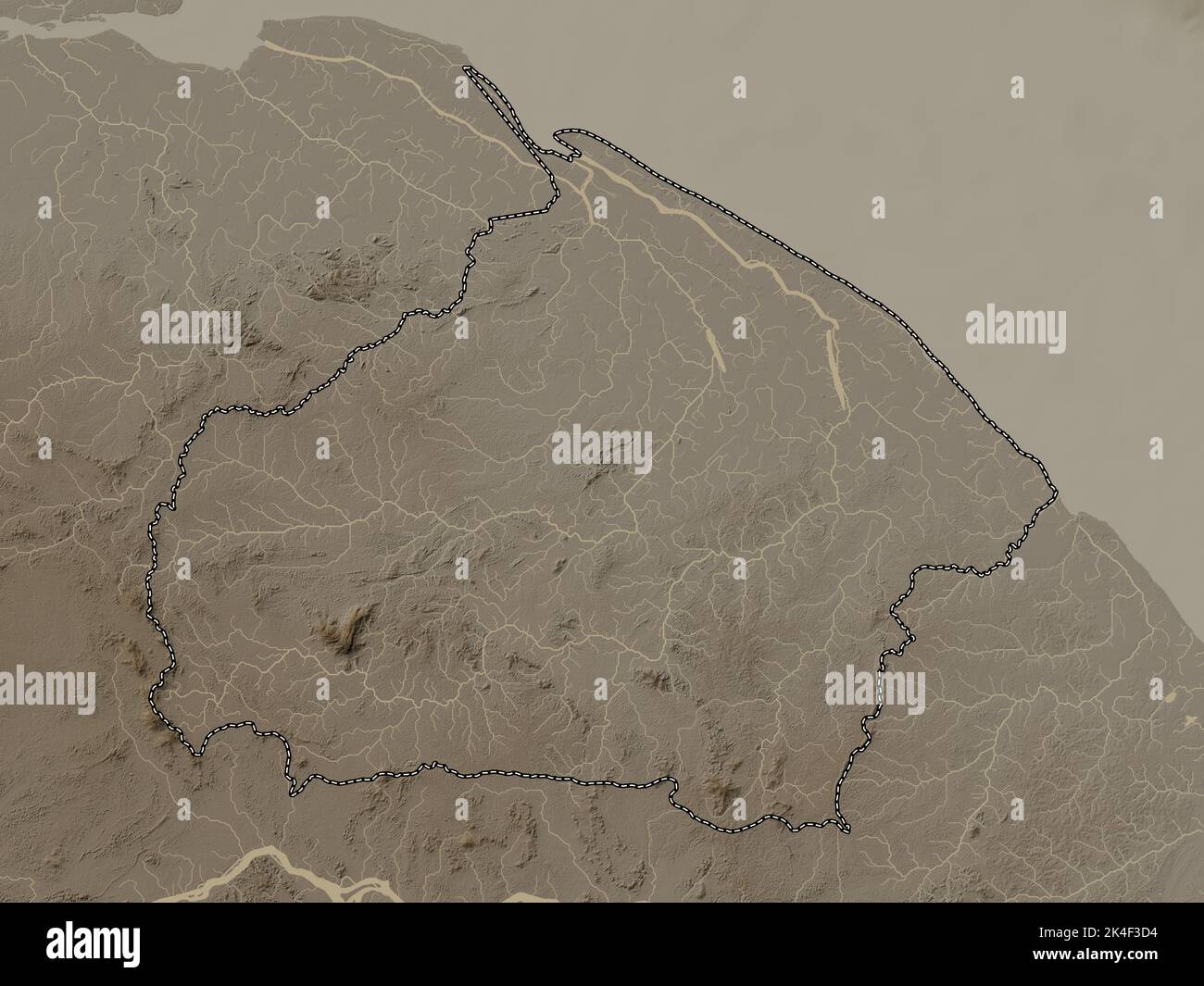 Barima-Waini, region of Guyana. Elevation map colored in sepia tones ...