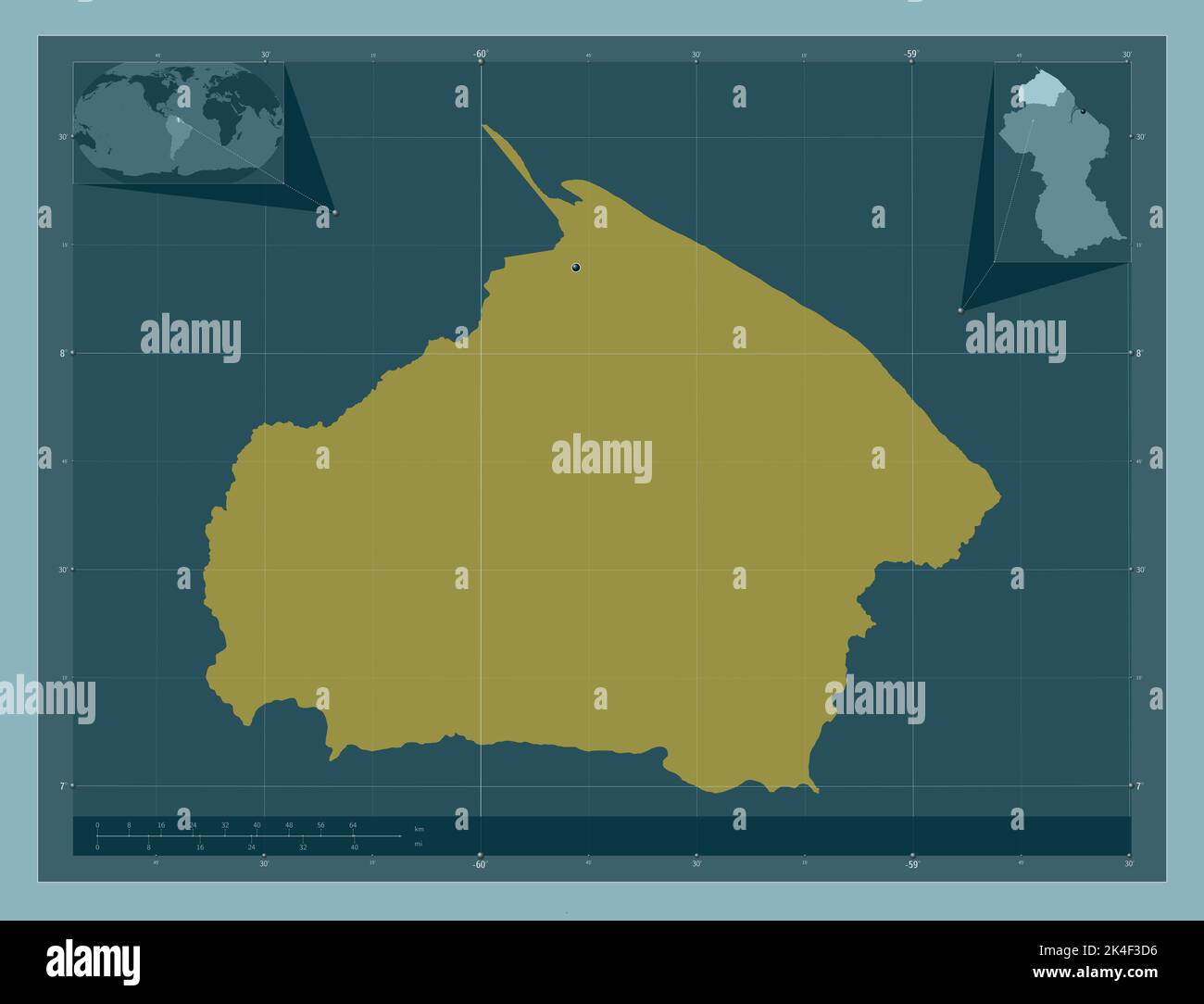 Barima-Waini, region of Guyana. Solid color shape. Locations of major ...