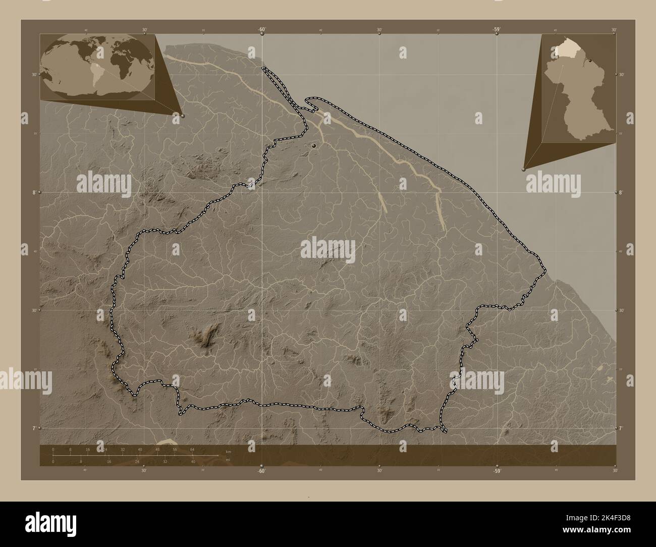 Barima-Waini, region of Guyana. Elevation map colored in sepia tones ...