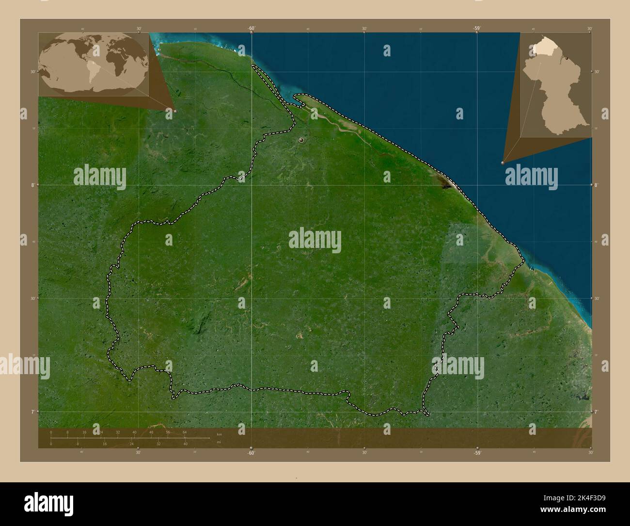 Barima-Waini, region of Guyana. Low resolution satellite map. Corner ...