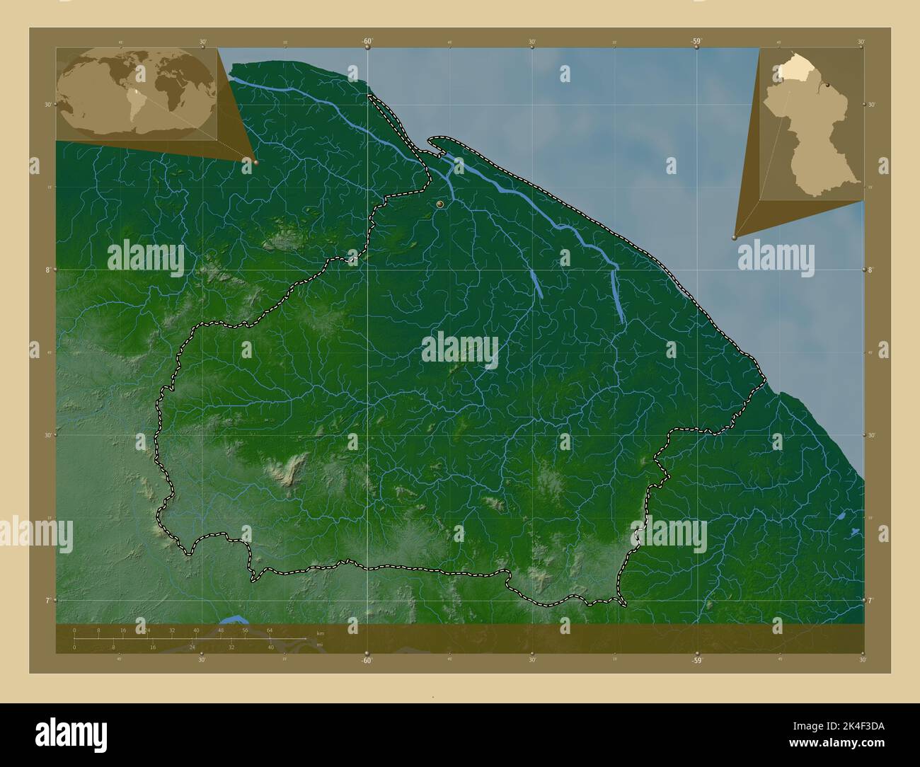 Barima-Waini, region of Guyana. Colored elevation map with lakes and ...