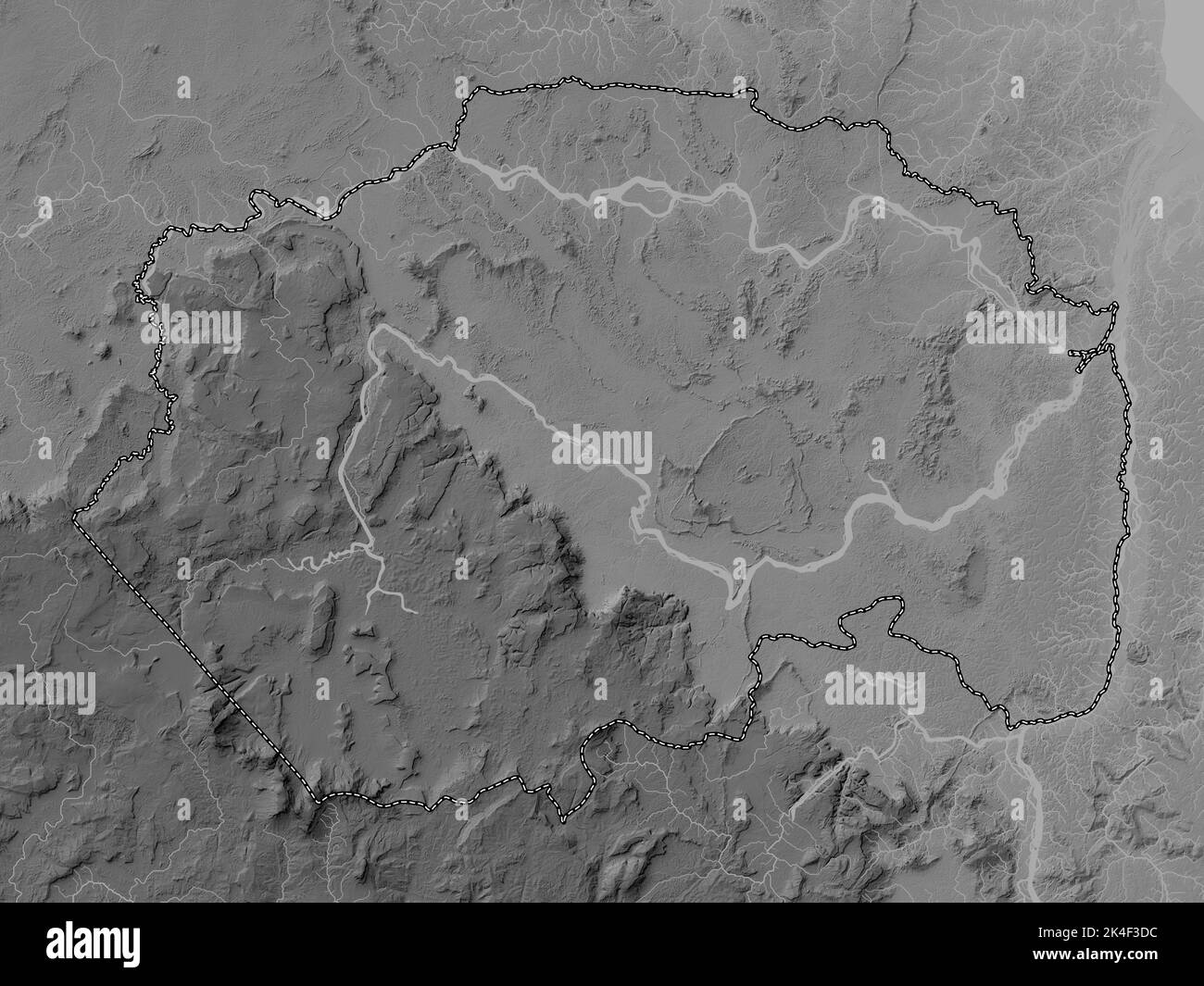 Cuyuni-Mazaruni, region of Guyana. Grayscale elevation map with lakes ...