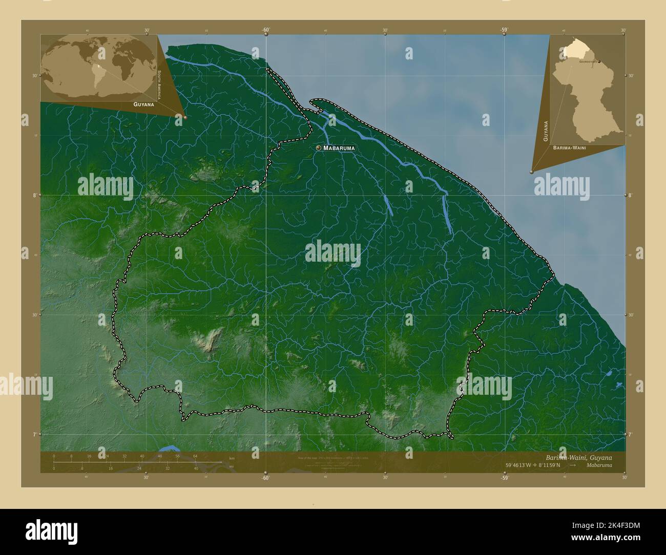 Barima-Waini, region of Guyana. Colored elevation map with lakes and ...