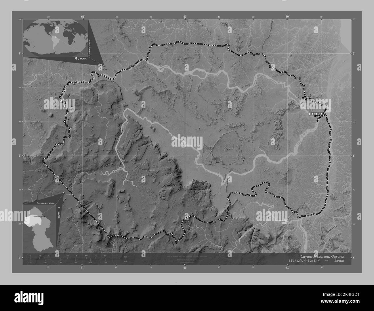 Cuyuni-Mazaruni, region of Guyana. Grayscale elevation map with lakes ...