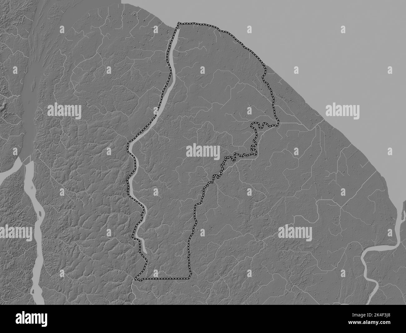Demerara-Mahaica, region of Guyana. Bilevel elevation map with lakes ...