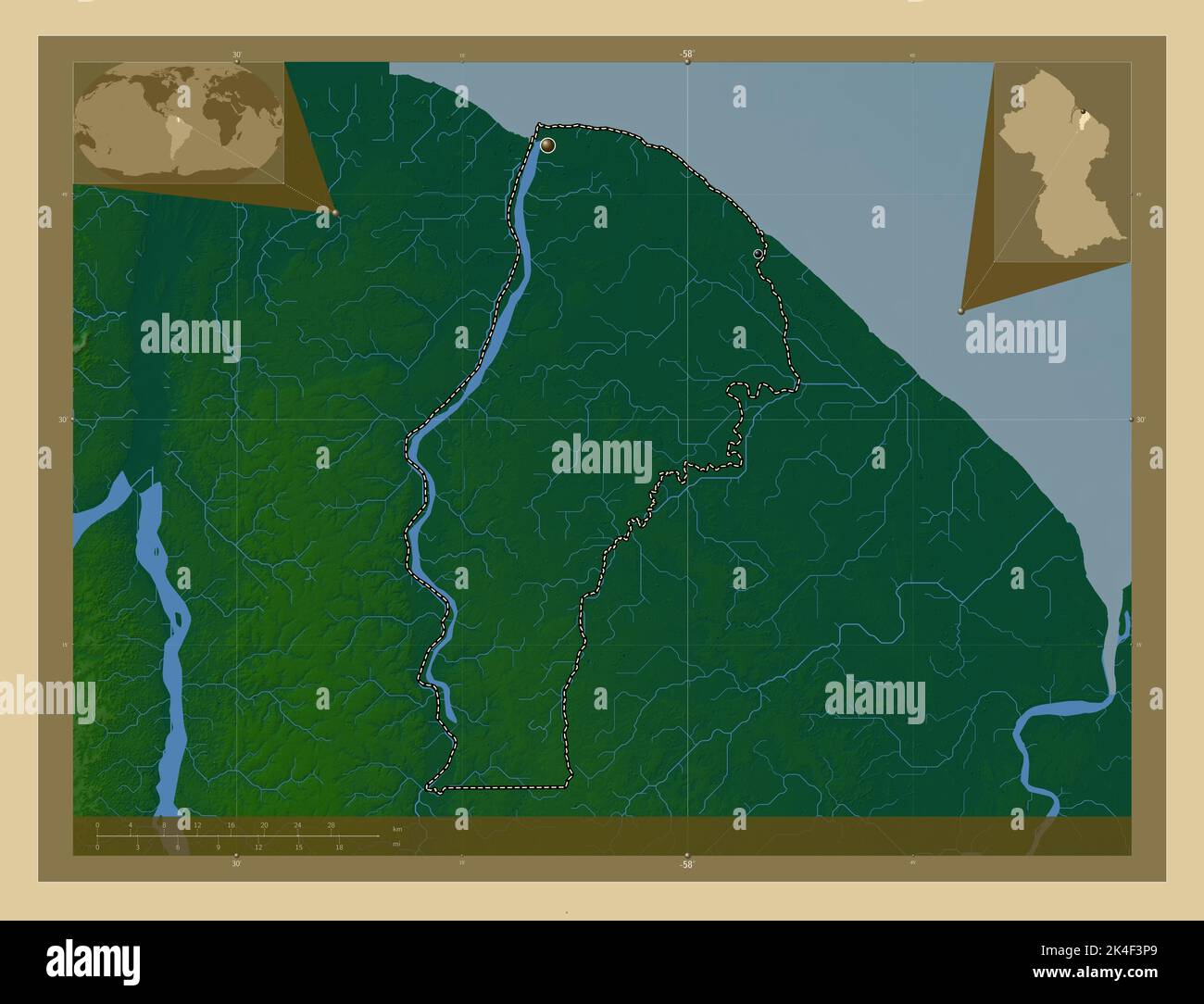 Demerara-Mahaica, region of Guyana. Colored elevation map with lakes ...