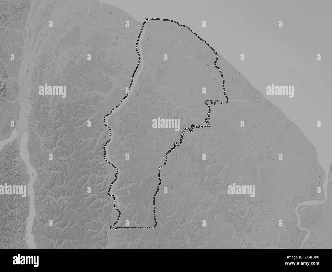Demerara-Mahaica, region of Guyana. Grayscale elevation map with lakes ...
