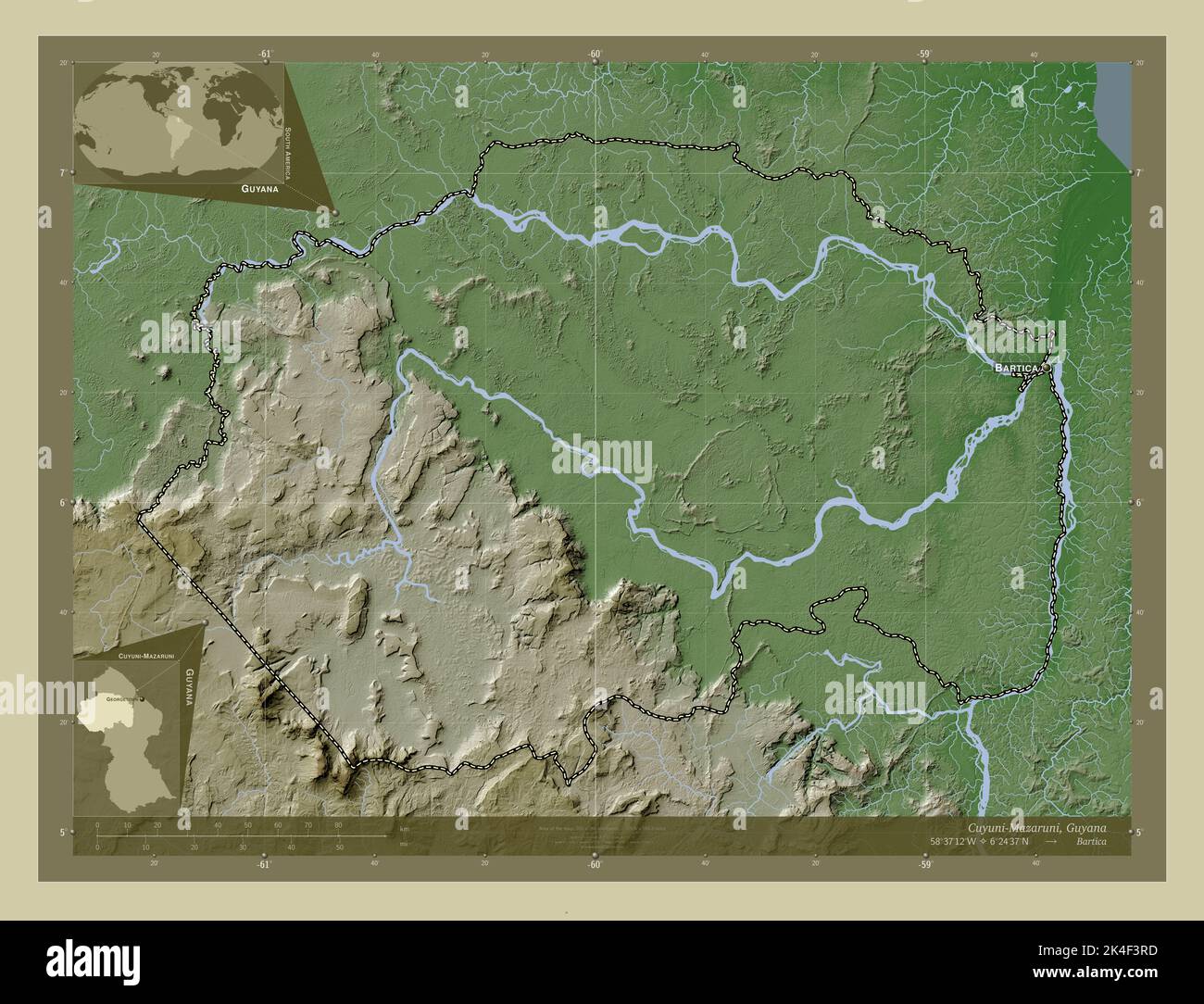 Cuyuni-Mazaruni, region of Guyana. Elevation map colored in wiki style ...