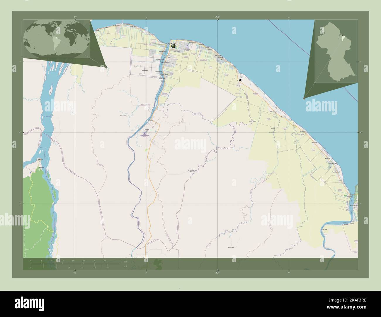 Demerara-Mahaica, region of Guyana. Open Street Map. Locations of major ...