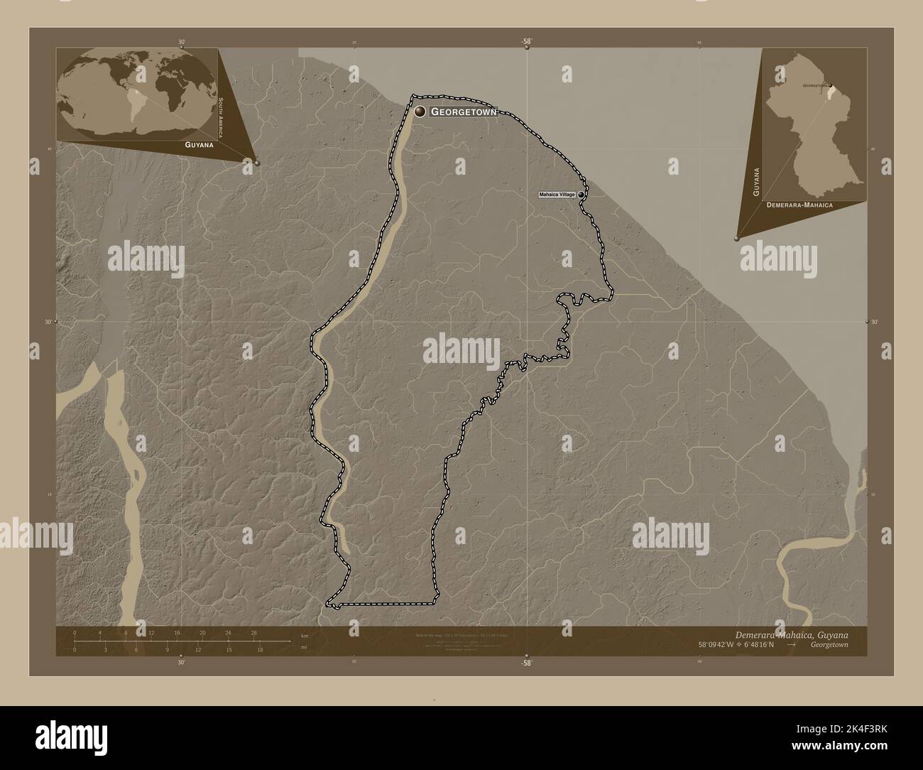 Demerara-Mahaica, region of Guyana. Elevation map colored in sepia ...
