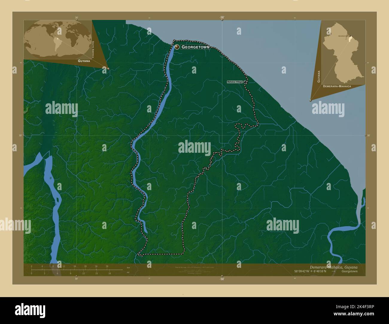 Demerara-Mahaica, region of Guyana. Colored elevation map with lakes ...